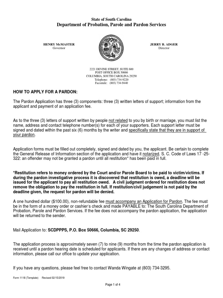 South Carolina Pardon Application Guide | PDF | Pardon | Parole