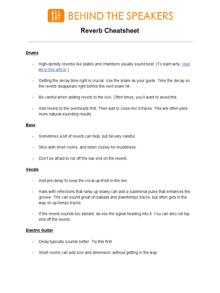 ReverbCheatsheet PDF | PDF | Sound Recording | Sound