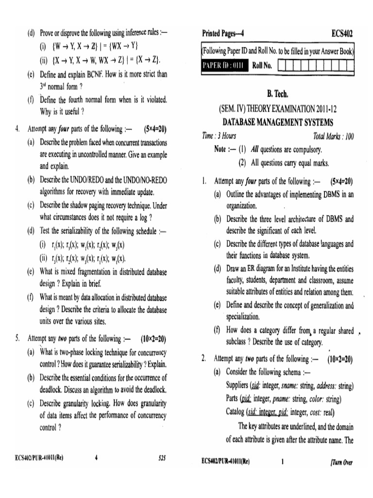 DBMS Question Paper | PDF