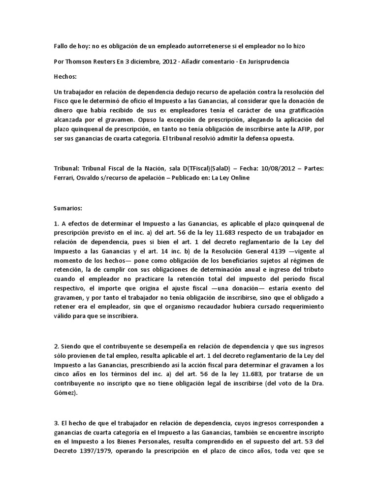 Fallo Sobre Art 56 Ley 11683 | PDF | Impuesto sobre la renta | Impuestos Fallo Sobre Art 56 Ley 11683 | PDF | Impuesto sobre la renta | Impuestos