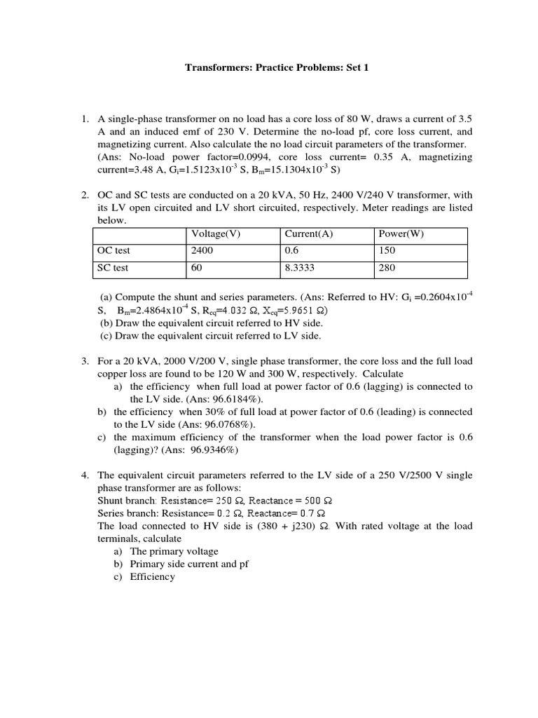 Transformer Practice Problems: Set 1 - Calculating Core Loss, Magnetizing Current, Efficiency ...