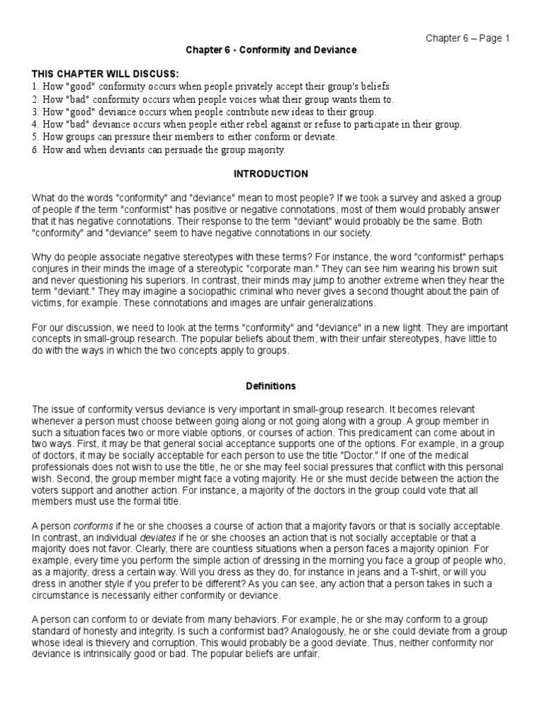 Chapter 6 - Conformity and Deviance This Chapter Will Discuss | PDF ...