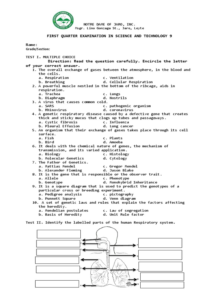 Grade 9 Science 1st Quarter Exam | PDF | Genetics | Respiratory System