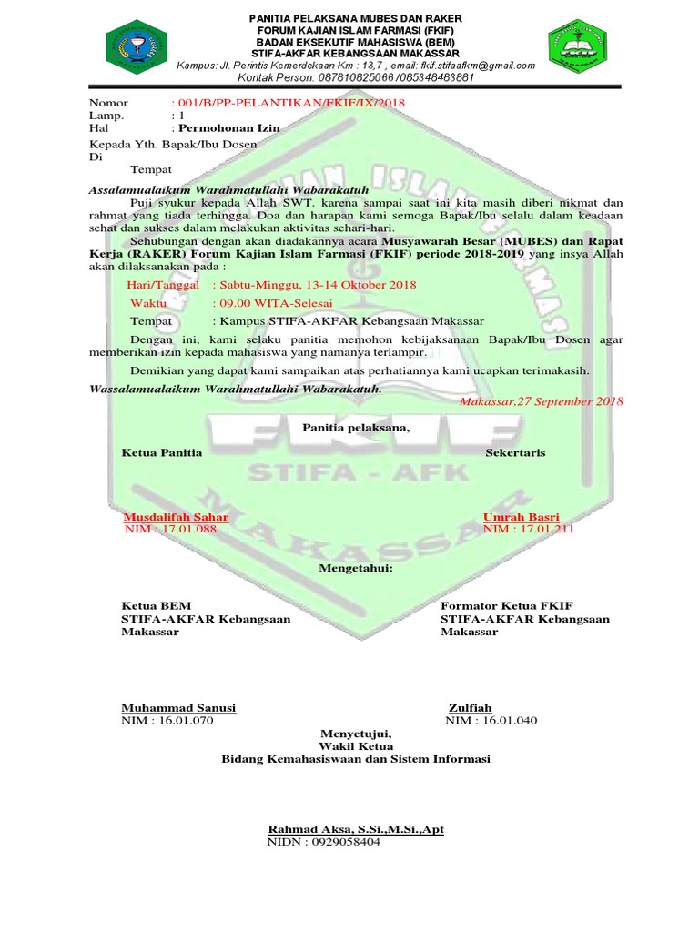Surat Izin Mubes Dan Raker Fkif (New) | PDF