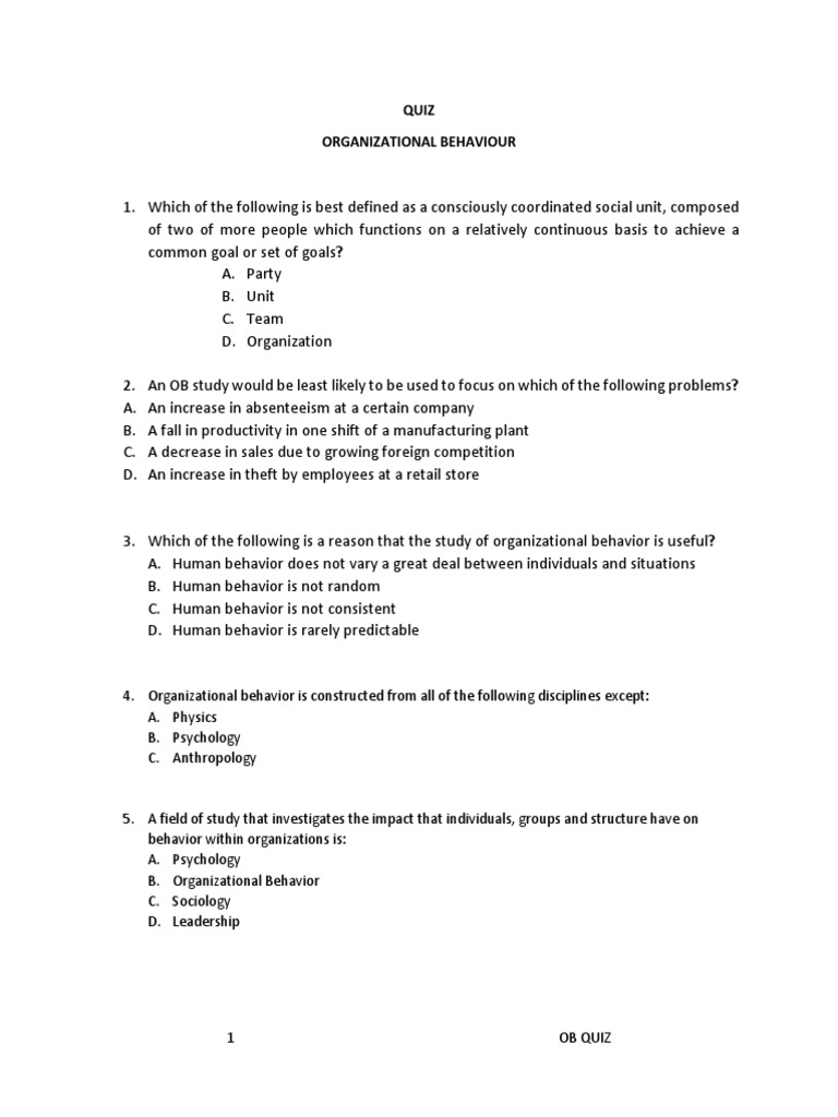 Quiz Organizational Behaviour | PDF | Organizational Behavior | Human