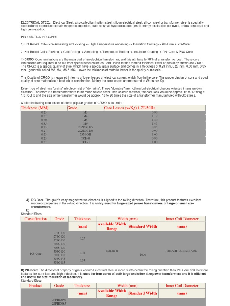 Different Grade of Crgo Core | PDF | Transformer | Electricity