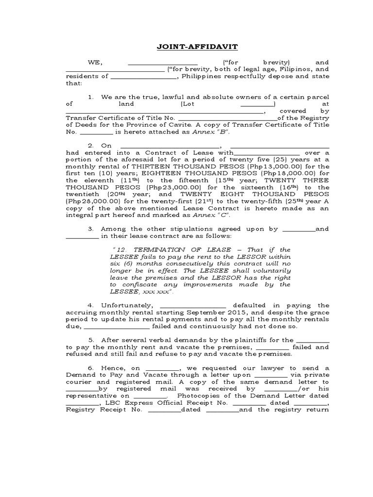 Joint Affidavit Ejectment Sample | Lease | Renting