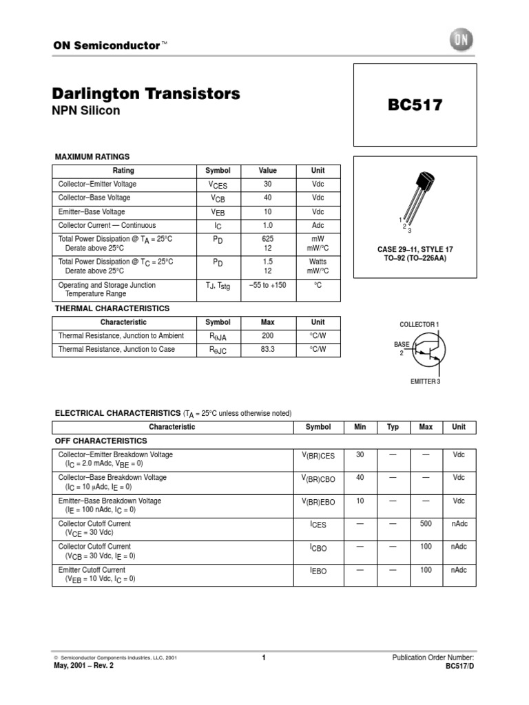 Darlington Transistors BC517: NPN Silicon | PDF | Bandwidth (Signal ...