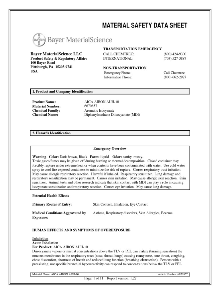 Material Safety Data Sheet: Bayer Materialscience LLC | PDF | Asthma ...