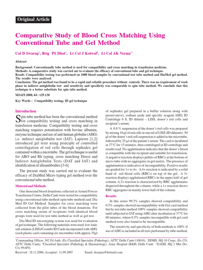 Comparative Study of Blood Cross Matching Using Conventional Tube and ...