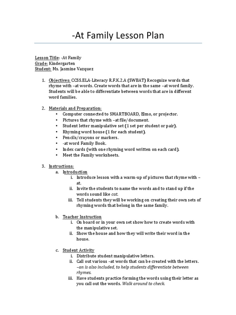 At Family Lesson Plan | PDF | Lesson Plan | Pedagogy