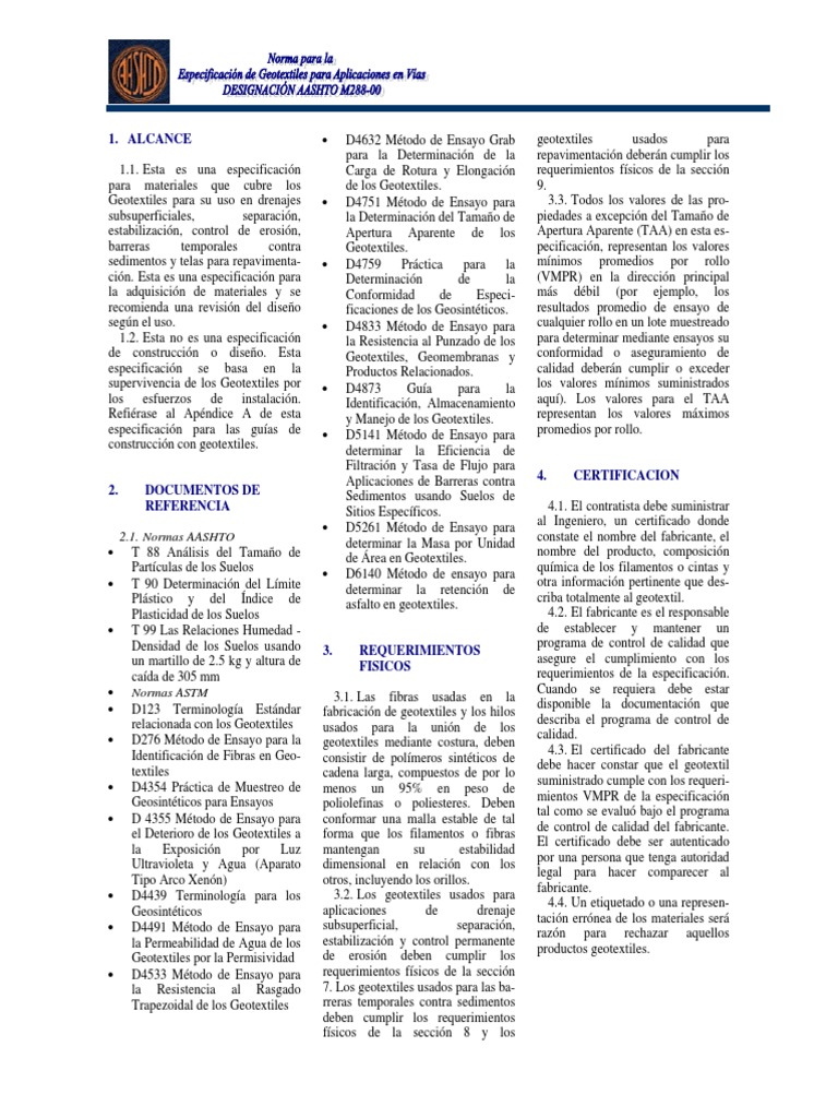 AASHTO M288-00-Español PDF | PDF | Filtración | Suelo