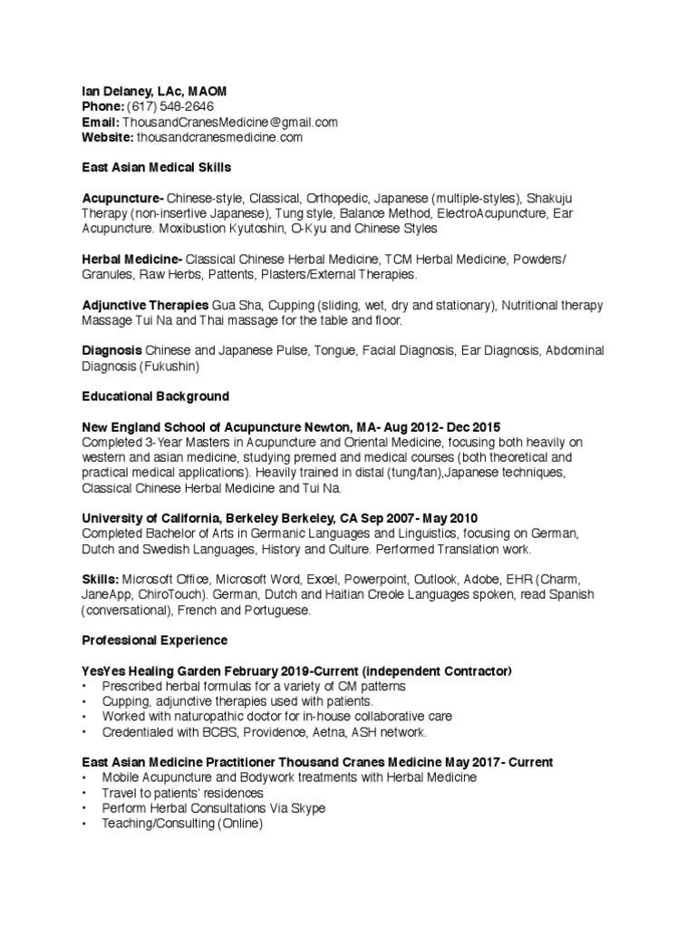 Ian Delaney-Resume 2019 | PDF | Traditional Chinese Medicine | Acupuncture