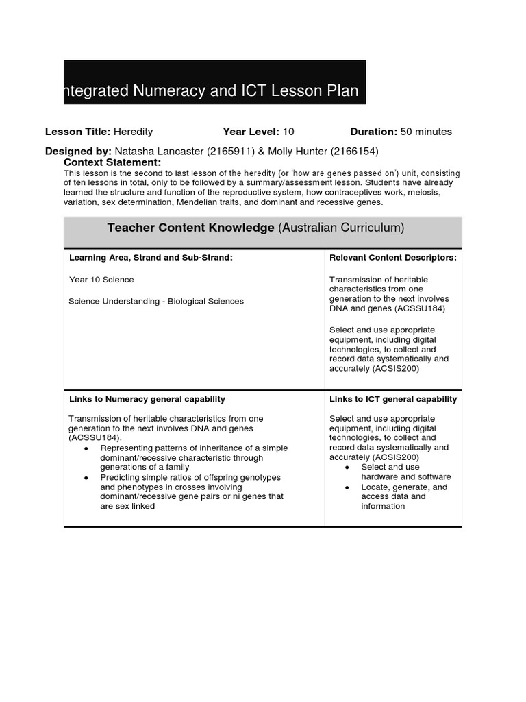 Integrated Numeracy and Ict Lesson Plan | Download Free PDF | Heredity ...