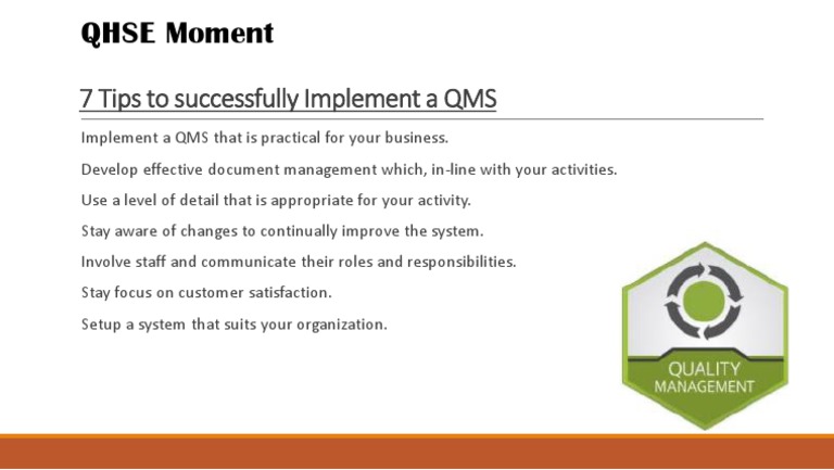 QHSE Moment: 7 Tips To Successfully Implement A QMS | PDF