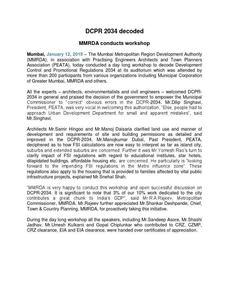 DCPR 2034 Decoded: MMRDA Conducts Workshop | PDF