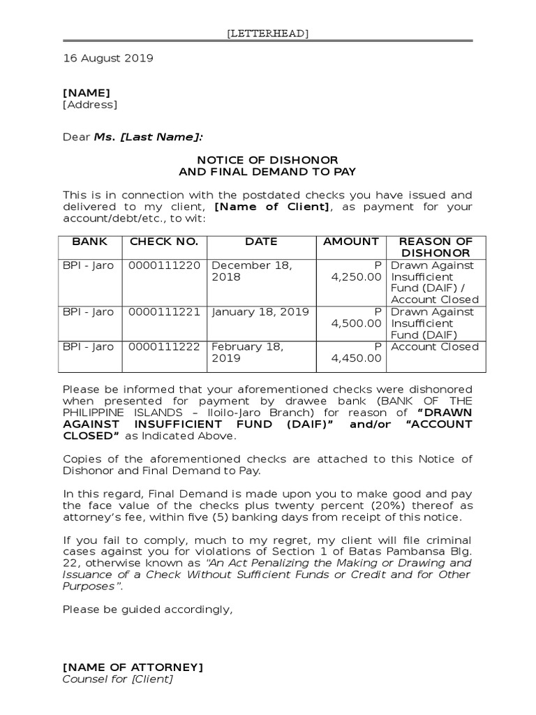 Sample Notice of Dishonor | PDF | Business | Finance & Money Management