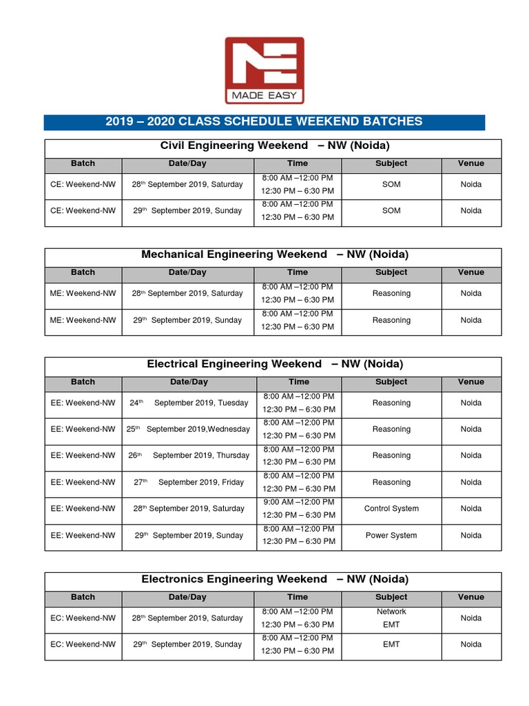 2019-2020 Weekend Engineering Schedule | PDF | Electrical Engineering ...