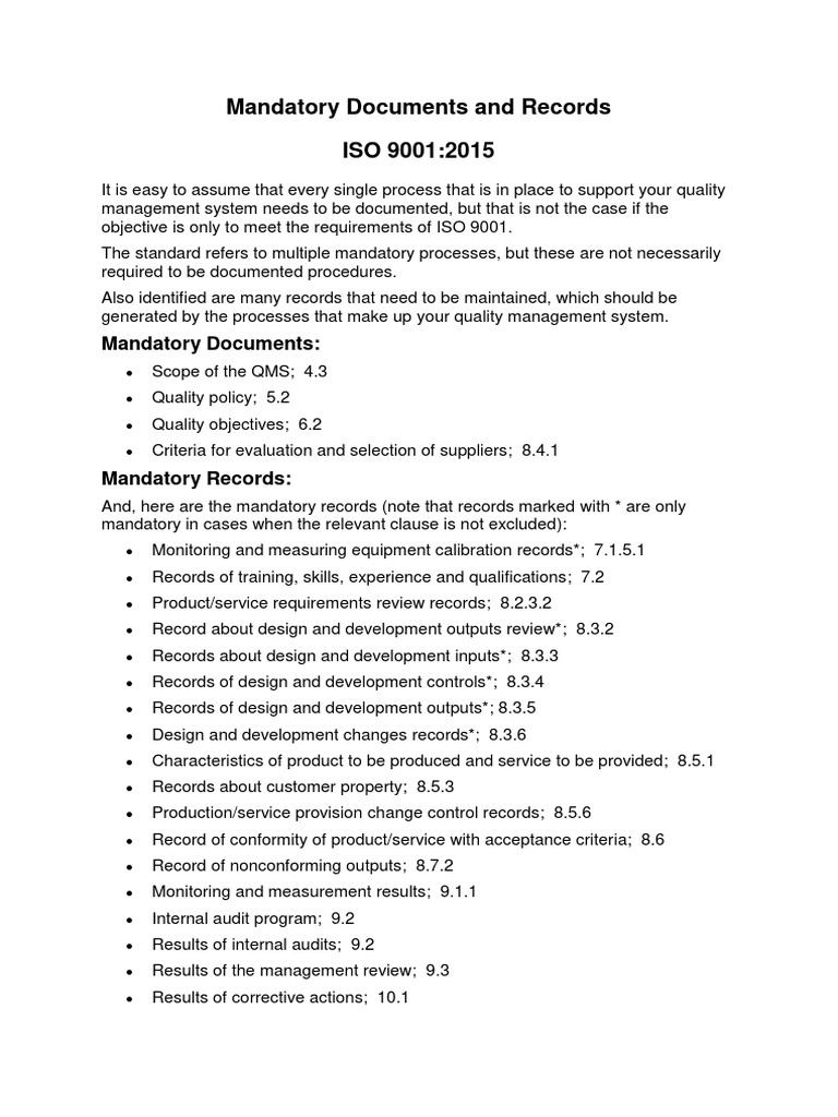 Mandatory Documents and Records ISO 9001:2015 | PDF | Quality ...