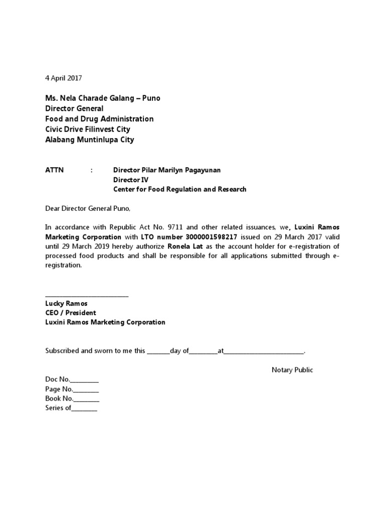 Authorization Letter For FDA Application | PDF