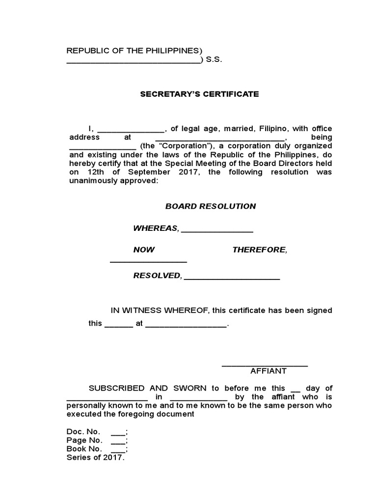 Certification of Board Resolution by the Secretary | PDF