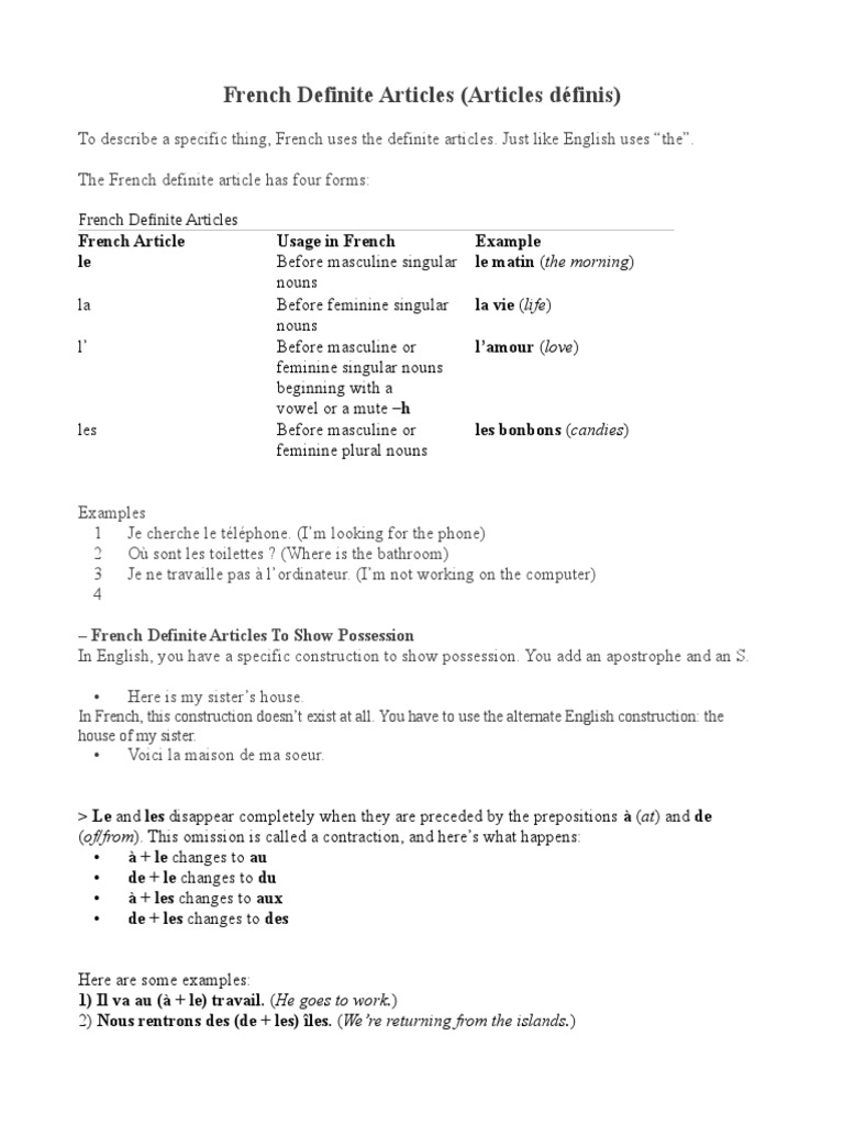 French Definite Articles (Articles Définis) | PDF | Grammatical Gender ...