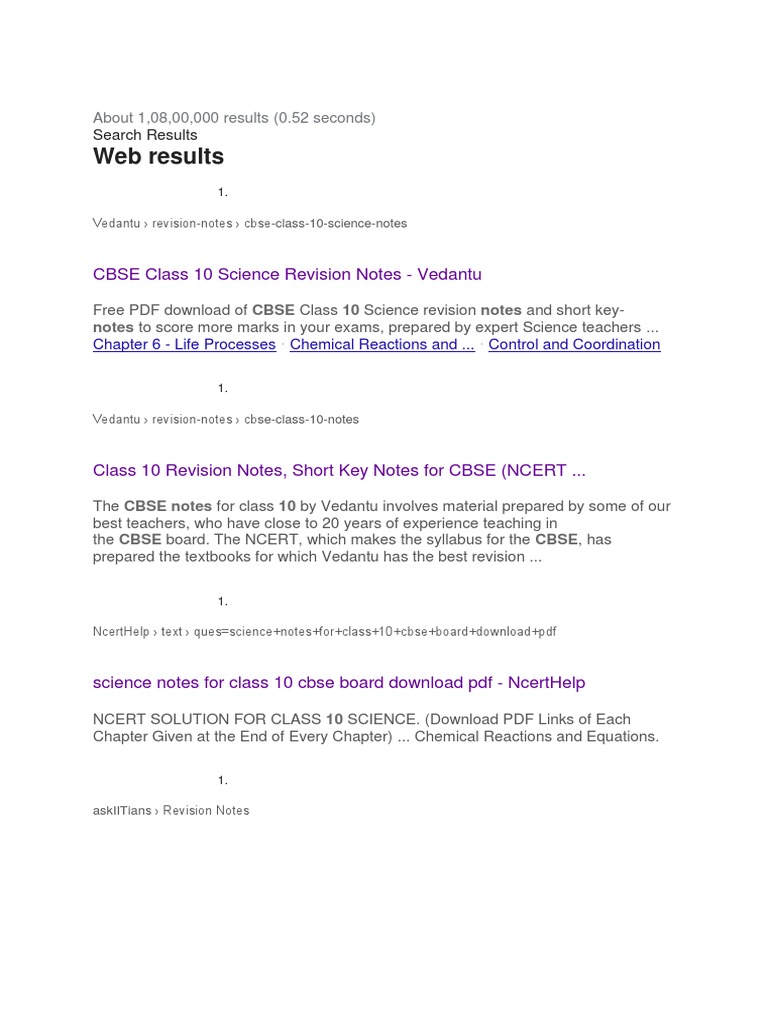 Web Results: CBSE Class 10 Science Revision Notes - Vedantu | PDF