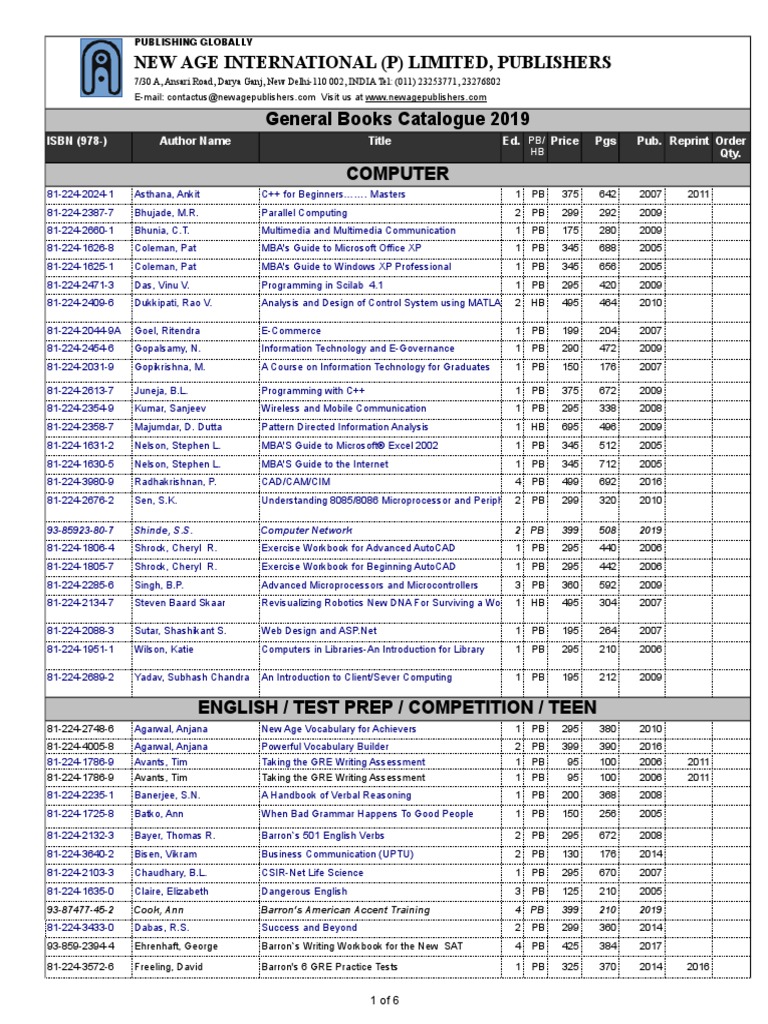 NEW AGE - General Books Catalogue Subject Wise | PDF | Sat | Economics
