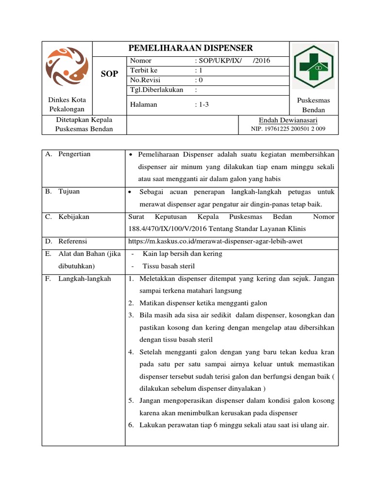SOP Pemeliharaan Dispenser | PDF | Sains & Matematika