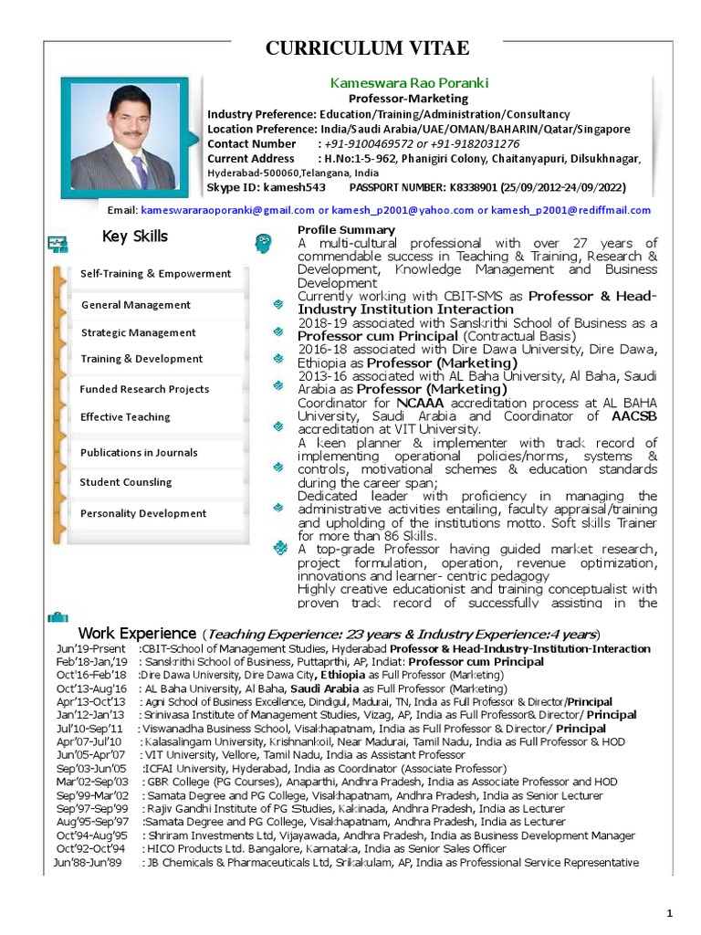 Prof - Rao CV October 2019 | PDF | Marketing | Sales