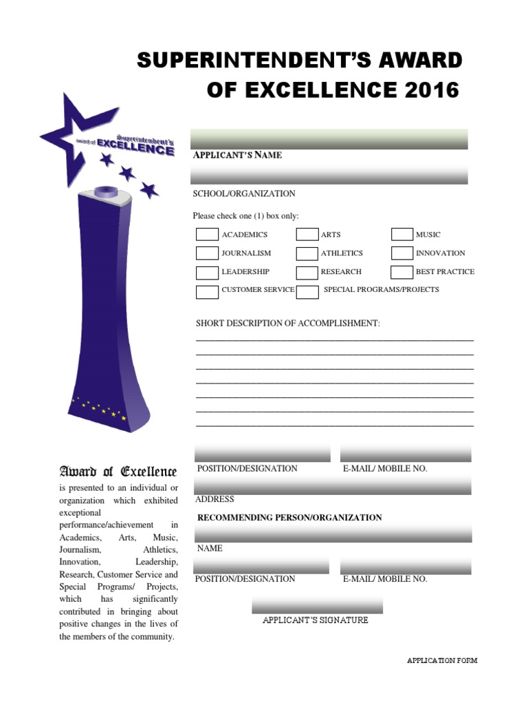 Application for the Superintendent's Award of Excellence 2016 ...