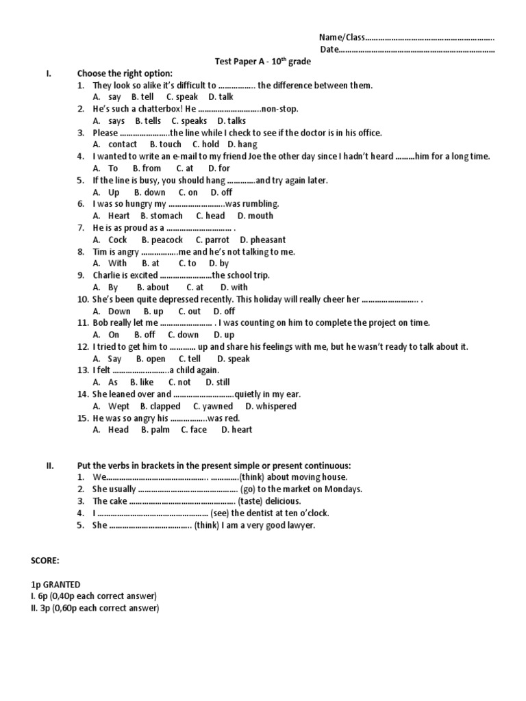 Test Paper A - 10 Grade I. Choose The Right Option | PDF