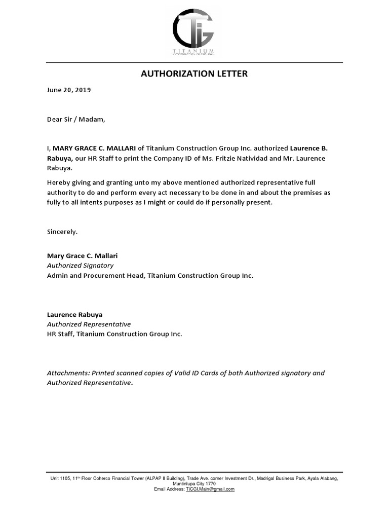 Authorization Letter: Rabuya, Our HR Staff To Print The Company ID of ...