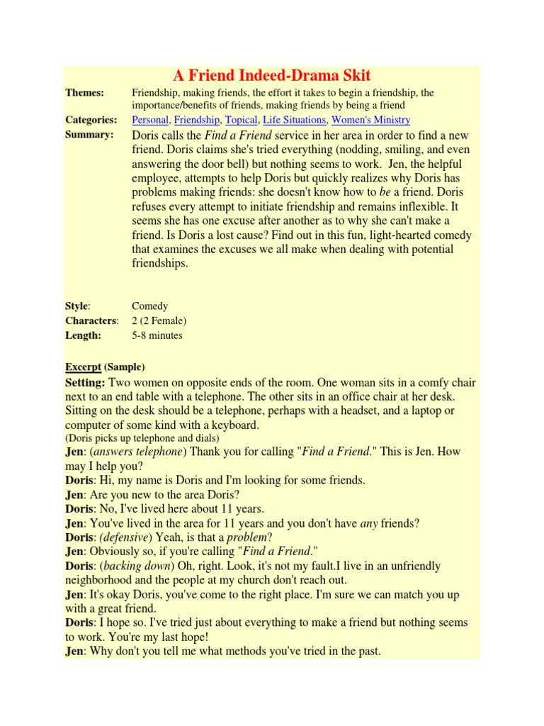 A Friend Indeed-Drama Skit: Themes: Categories: Summary | PDF