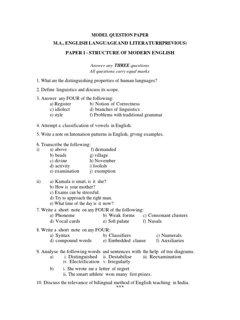 Model Question Paper M.A., English Languageand Literature (Previous ...