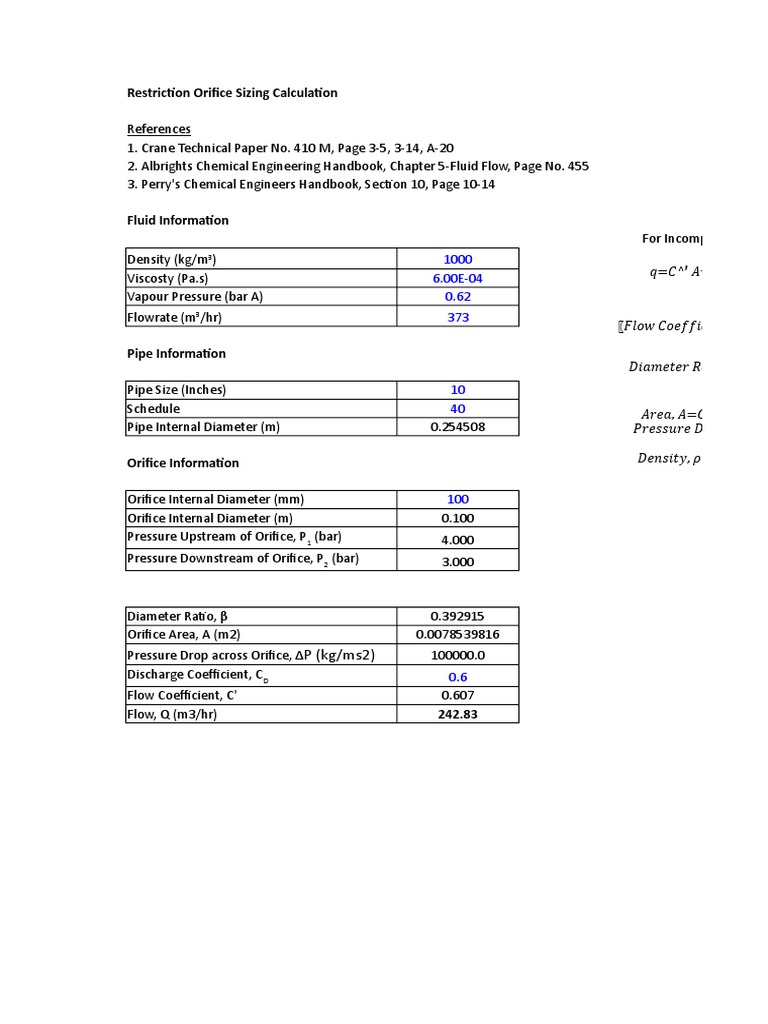 Restriction Orifice Sizing Calculation: P (kg/ms2) | PDF