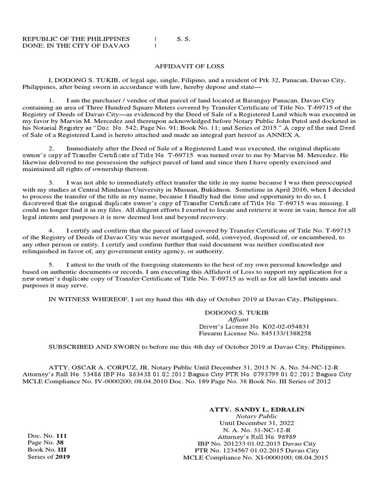 Affidavit of Loss Land Title | Notary Public | Affidavit