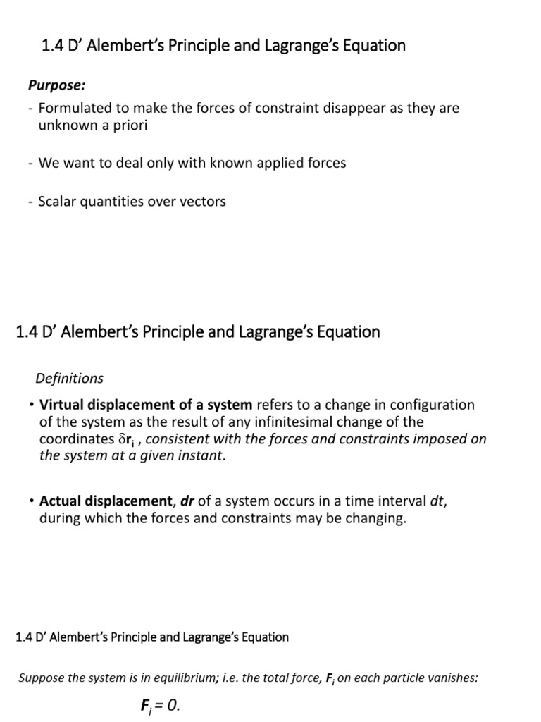 Principle of Virtual Work and D'Alembert's Principle | PDF | Force ...