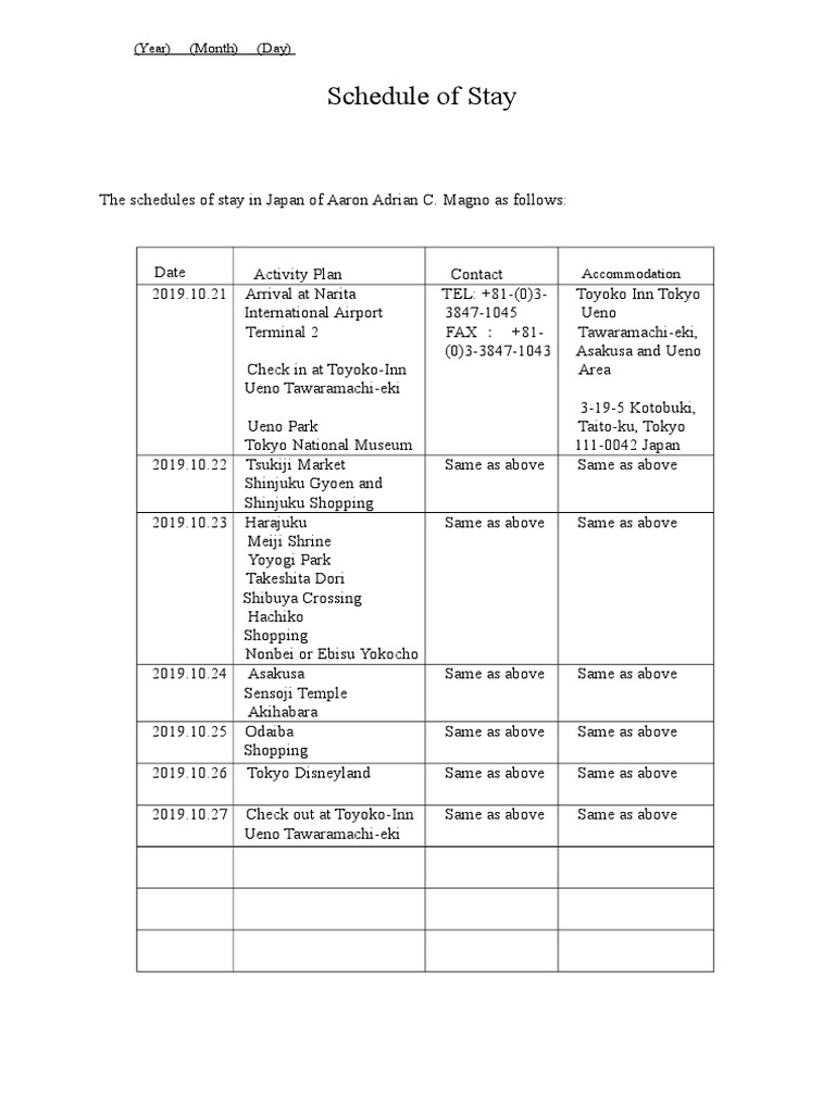 Schedule of Stay in Japan | PDF | Tokyo | Dog Sports