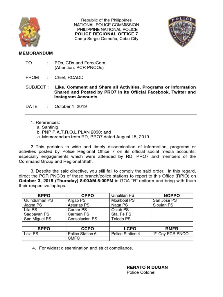 Memorandum: Police Regional Office 7 | PDF