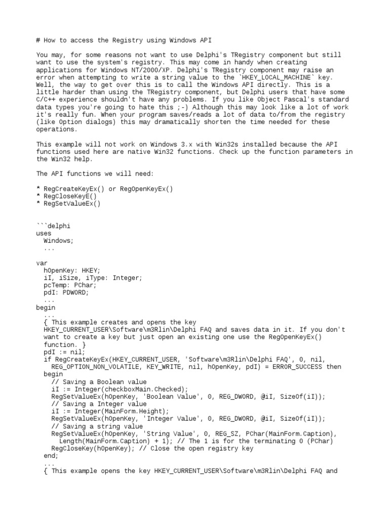 Winapi Registry With Delphi | PDF | Windows Registry | Microsoft Software