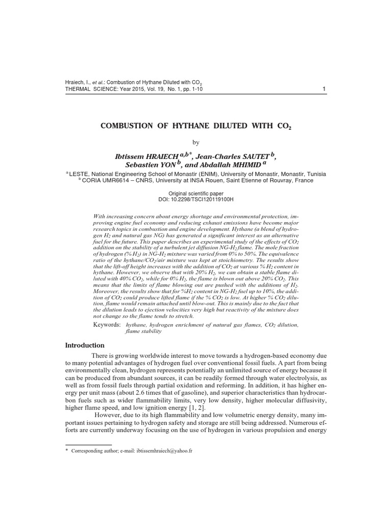 Combustion of Hythane Diluted With Co: Ibtissem HRAIECH, Jean-Charles ...