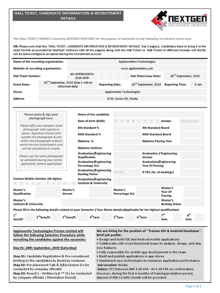 AppInventiv Recruitment Hall Ticket | PDF | Mobile App