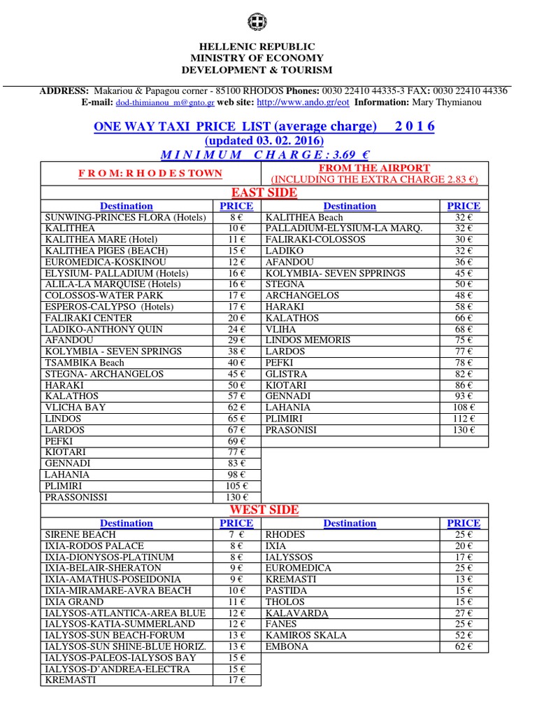 One Way Taxi Price List (Updated 03. 02. 2016) : Minimum Charge:3.69 ...