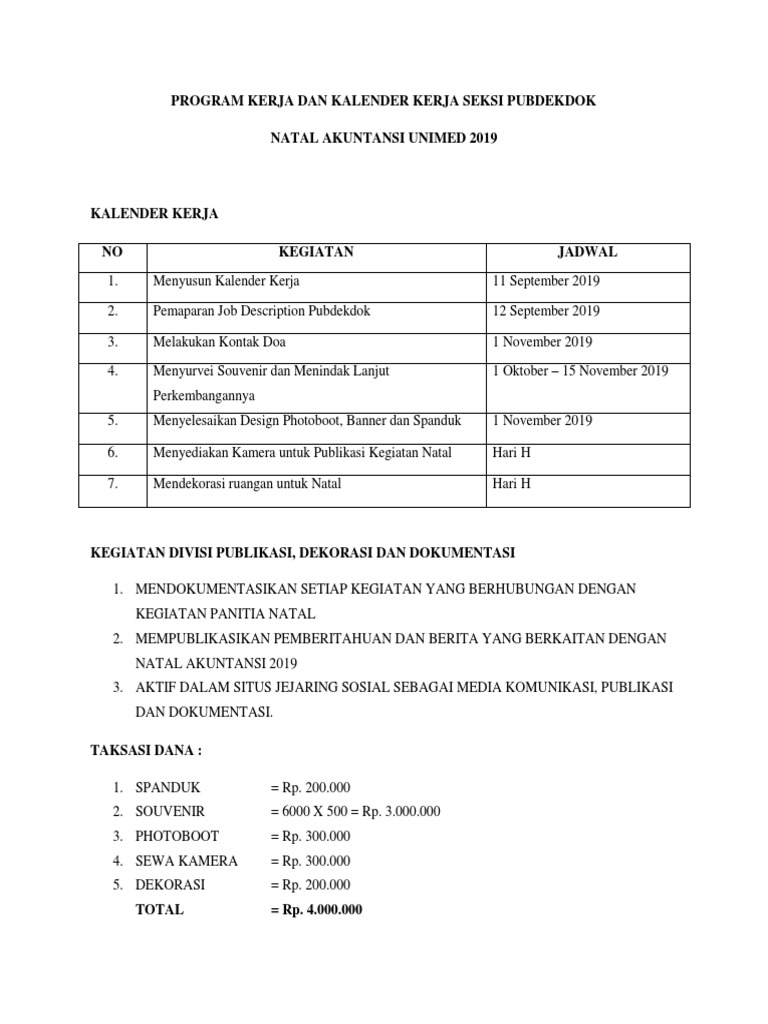 Program Kerja Dan Kalender Kerja Seksi Pubdekdok | PDF