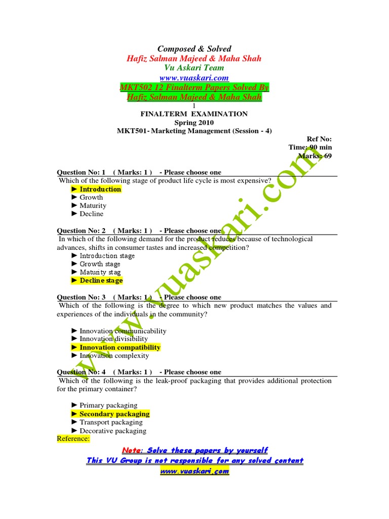 Mkt501 Finalterm Mcqs Pdf Pdf Sales Marketing