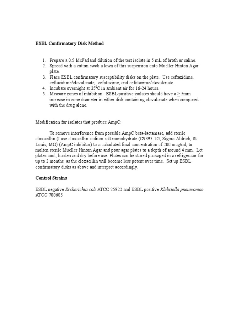 ESBL Confirmatory Disk Method | PDF | Science & Mathematics