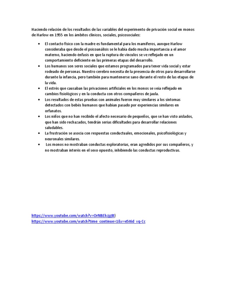 Conclusiones Experimento Harlow | PDF