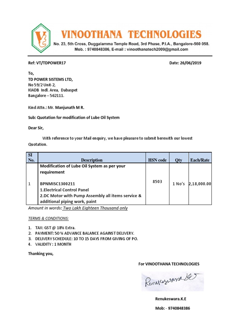 Quotation for the Modification of a Lube Oil System for TD Power ...