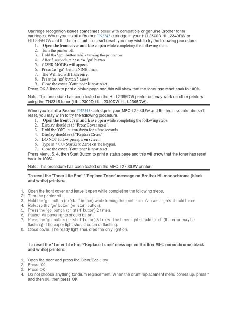 To Reset The 'Toner Life End' / 'Replace Toner' Message On Brother HL Monochrome (Black and ...